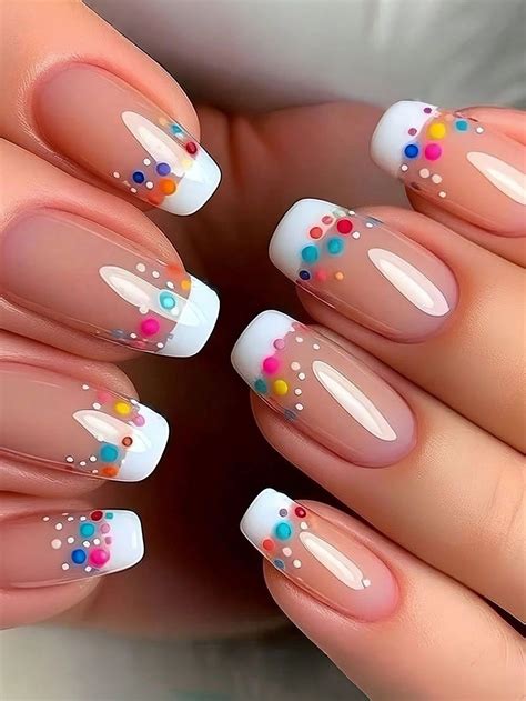 24pcs Long French Style Colorful Small Polka Dot Cute Wearable Nail Nude Pink False Nails Gel