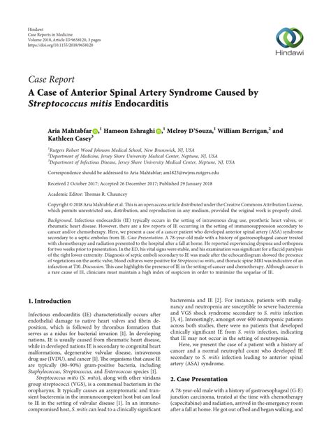 Pdf A Case Of Anterior Spinal Artery Syndrome Caused By Streptococcus