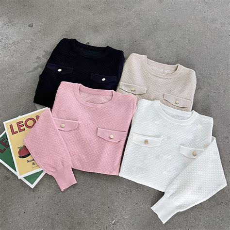 여자 장식 주머니 스웨터 롱슬리브 U넥 4컬러 와플 티셔츠