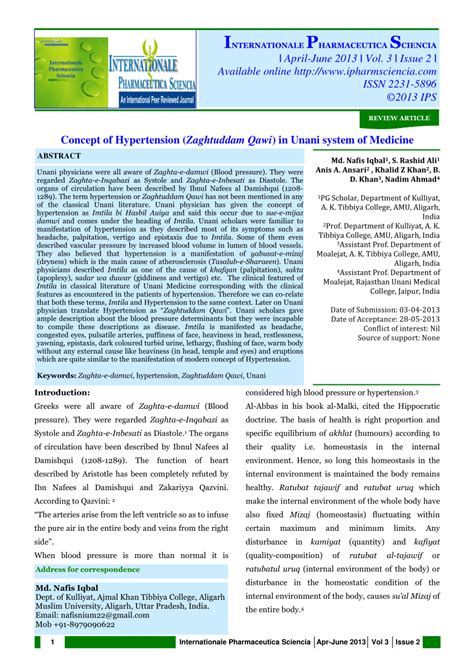 Pdf Concept Of Hypertension Zaghtuddam Qawi In Unani System Of Medicine