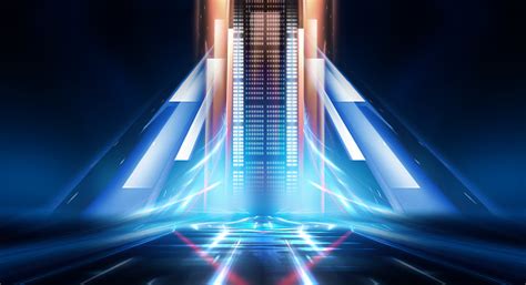 선과 스포트라이트가 있는 어두운 배경 푸른 네온 라이트 야경 추상적 인 파란색 배경입니다 미래지향적인 현대 패턴 대칭적 반사 3d 렌더 3차원 형태에 대한 스톡 사진 및