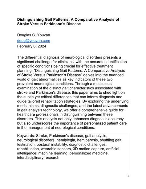 Pdf Distinguishing Gait Patterns A Comparative Analysis Of Stroke Versus Parkinsons Disease