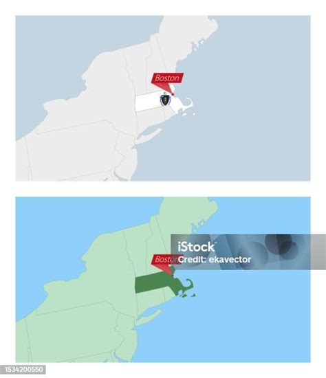 국가 수도의 핀이 있는 매사추세츠 지도 이웃 국가와 함께하는 두 가지 유형의 매사추세츠 지도 기에 대한 스톡 벡터 아트 및 기타 이미지 Istock