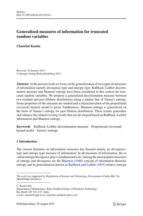 Pdf Generalized Measures Of Information For Truncated Random Variables