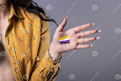 Young Non Binary Woman Showing Non Binary Gender Flag In Hand Close Up Stock Image Image Of