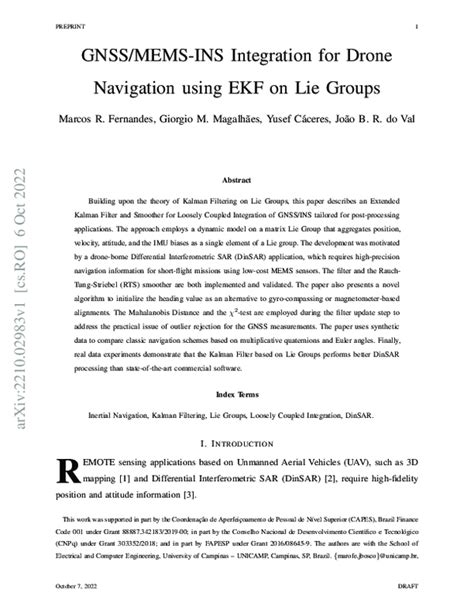 Pdf Gnssmems Ins Integration For Drone Navigation Using Ekf On Lie Groups