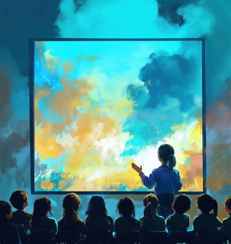 Art Class Presentation With Colorful Abstract Painting Students