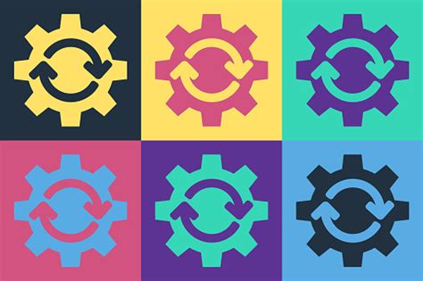 팝 아트 기어와 화살표는 색상 배경에 격리 워크플로 개념 아이콘으로 기어 재장전 기호 벡터 일러스트레이션 개념에 대한 스톡 벡터 아트 및 기타 이미지 Istock