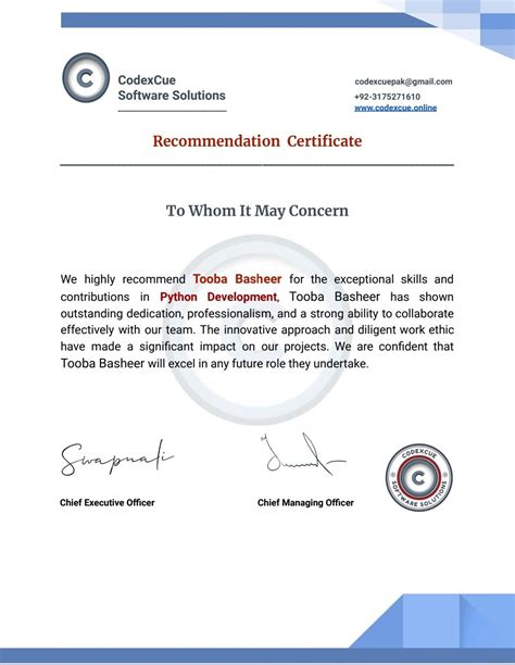 Tooba Basheer Mughal On Linkedin Codexcue Recommendationcertificate Pythondevelopment
