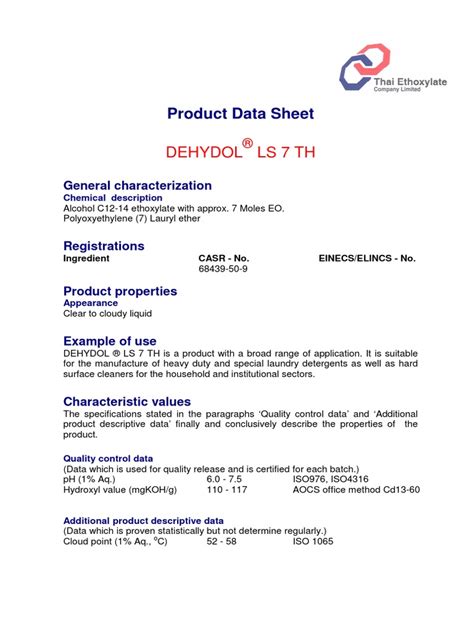 Product Data Sheet Dehydol Ls 7 Th Pdf Specification Technical Standard Data
