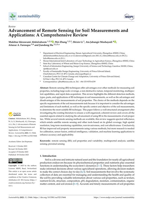 PDF Advancement Of Remote Sensing For Soil Measurements And Applications A Comprehensive Review