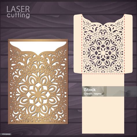 다이 레이저 컷 결혼식 초대장 카드 템플릿 벡터 추상 적인 장식과 결혼식 초대장 또는 인사말 포켓 봉투 카드를 엽니다 인사말 카드 초대장 메뉴에 적합합니다 0명에 대한 스톡