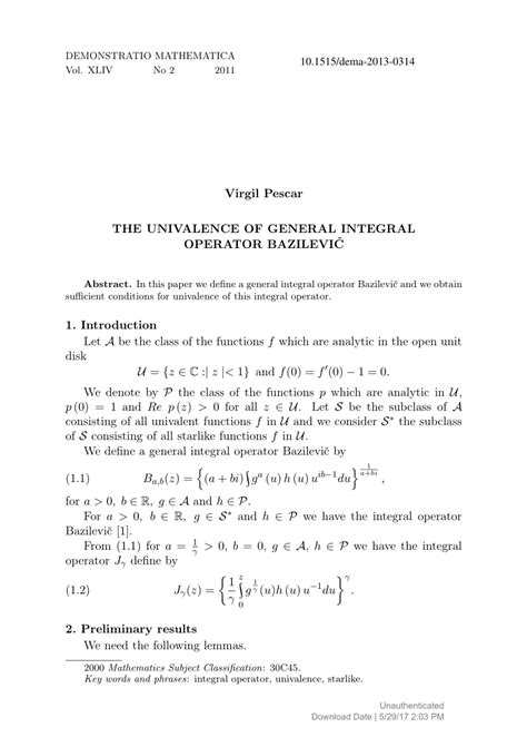 Pdf The Univalence Of General Integral Operator Bazilevič