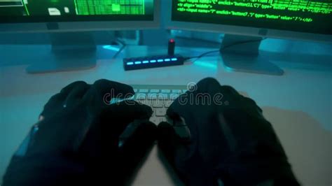 Hacker Stretching Hands In Black Gloves And Typing On A Computer Keyboard Hacking Password