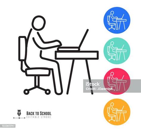 책상 아이콘 개념 얇은 라인 스타일에서 숙제를하고 현대 전자 학습 및 교육 학생 편집 스트로크 개념에 대한 스톡 벡터 아트 및 기타 이미지 Istock