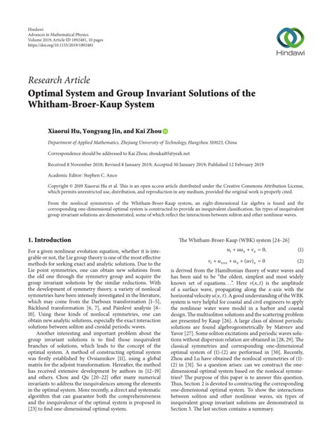 Pdf Optimal System And Group Invariant Solutions Of The Whitham Broer