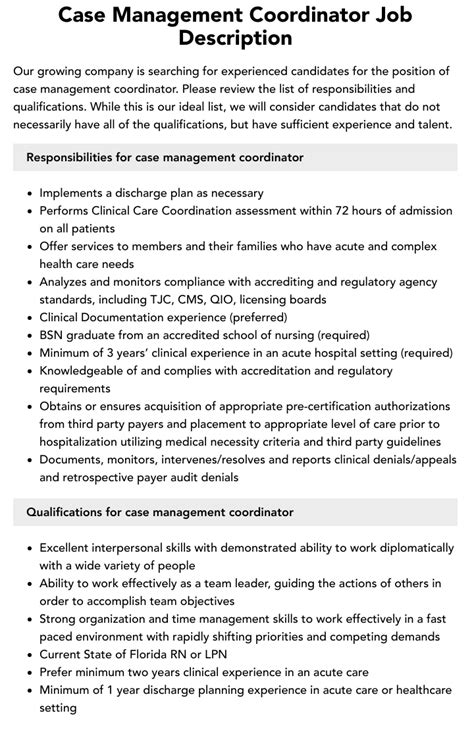 Case Management Coordinator Job Description Velvet Jobs