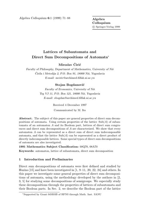 Pdf Lattices Of Subautomata And Direct Sum Decompositions Of Automata