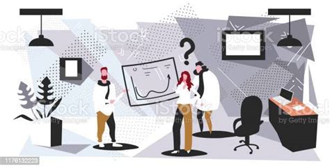 금융 그래프를 공부하는 혼란 사업가 사무실 노동자 비즈니스 코치 판매 통계 데이터 현대 사무실 인테리어 스케치 수평 전체 길이에