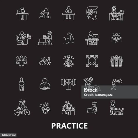 검은 배경에 설정 편집 라인 아이콘 벡터 연습 흰색 윤곽선 그림 기호 기호 연습 개념에 대한 스톡 벡터 아트 및 기타 이미지 개념 개발 개선 Istock