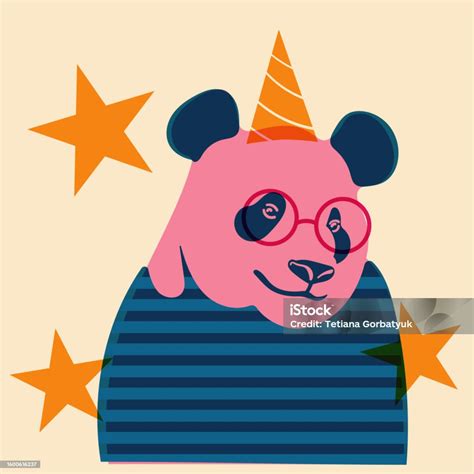 생일 모자를 쓴 팬더 아바타 배지 포스터 로고 템플릿 인쇄 Riso 인쇄 효과가 있는 미니멀한 스타일의 벡터 그림입니다 플랫 만화 스타일 곰에 대한 스톡 벡터 아트 및 기타