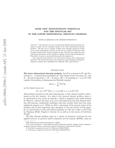 Pdf Some New Monotonicity Formulas And The Singular Set In The Lower Dimensional Obstacle Problem