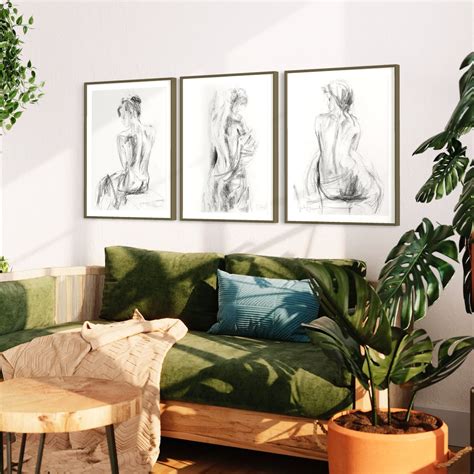 Set Of 3 Black And White Prints Nude Wall Art Bedroom Decor By