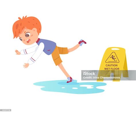 깨끗한 미끄러운 바닥 벡터 일러스트에 미끄러 소년 만화 작은 문자 걸림돌 물 웅덩이로 공공 장소에서 떨어지는 흰색에 고립 된 젖은 바닥 사고 표지판주의 건물의 층에 대한