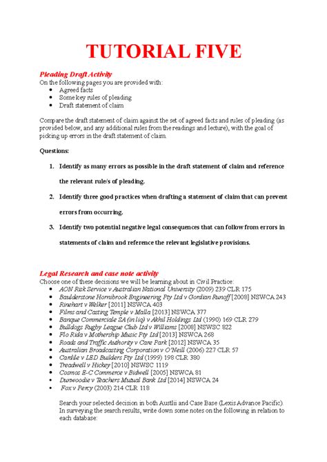 tutorial five tut notes tutorial five pleading draft activity on