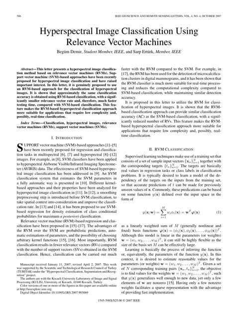 Pdf Hyperspectral Image Classification Using Relevance Vector Machines
