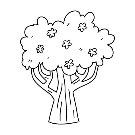 Spring Tree With Flowers In Hand Drawn Doodle Style Vector Illustration Isolated On White