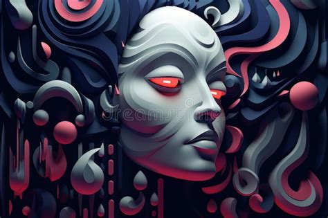 Abstract Woman With Wave And Spheres Hair And Red Eyes Cyberpunk Doll Ai Stock Illustration