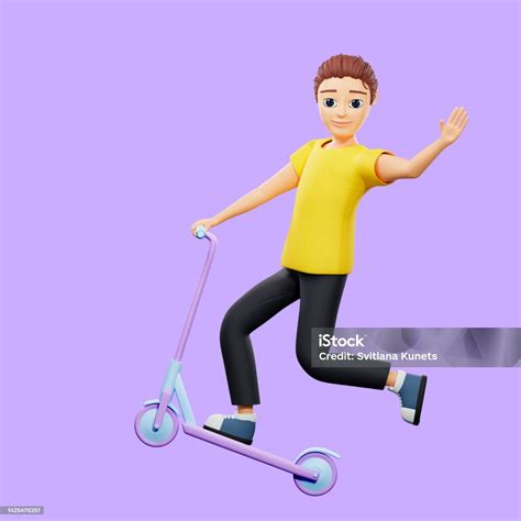 스쿠터를 타는 남자의 래스터 그림 노란 티셔츠를 입은 젊은 남자는 스쿠터 레크리에이션 활동적인 라이프 스타일 교통 규칙을 타면서