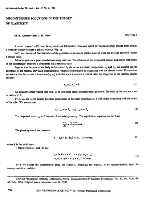Pdf Discontinuous Solutions In The Theory Of Plasticity
