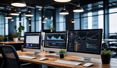 Modern Office Workspace Featuring Multiple Monitors Displaying Data Analysis And Charts In A