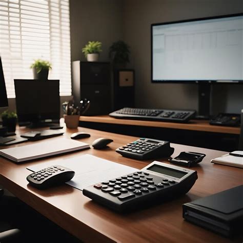 Office Setup With Calculators In A Shared Workspace Setting Premium