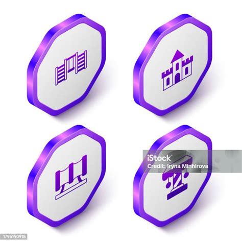 등각 투영 스웨덴 벽 모래 성 어린이 놀이터 슬라이드 파이프 및 어트랙션 회전 목마 아이콘을 설정합니다 보라색 육각형 버튼 벡터 3차원 형태에 대한 스톡 벡터 아트 및 기타