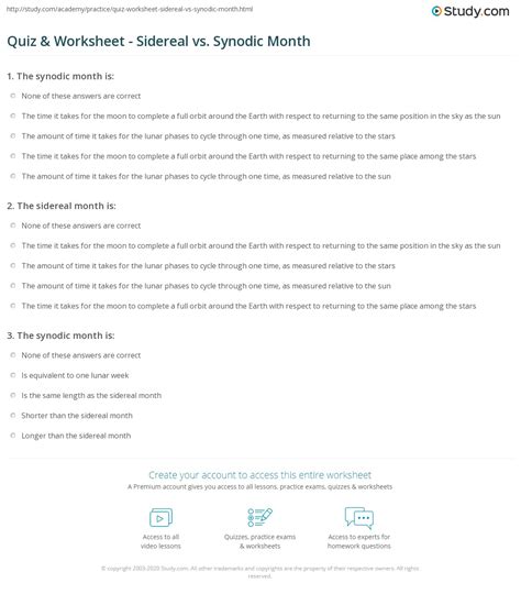 Quiz And Worksheet Sidereal Vs Synodic Month