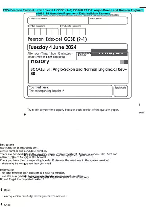 2024 Pearson Edexcel Level 1/Level 2 GCSE (9–1) BOOKLET B1: Anglo-Saxon and Norman England ...