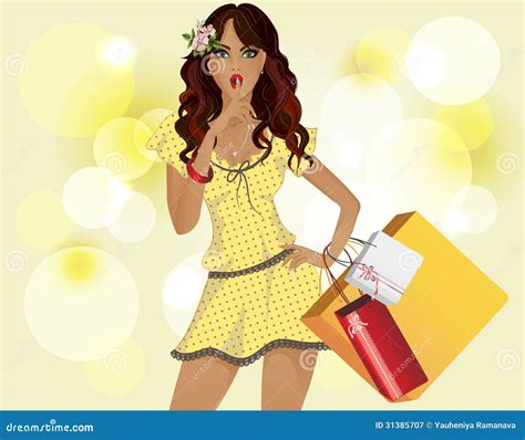 Девушка с желтыми покупками платья Предпосылка желта Иллюстрация вектора иллюстрации