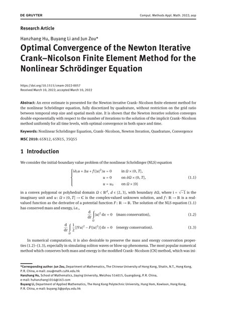 Pdf Optimal Convergence Of The Newton Iterative Cranknicolson Finite