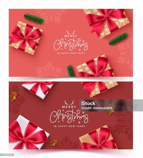 메리 크리스마스 인사말 카드 벡터 배너 세트 디자인 크리스마스와 새해 복 많이 받으세요 텍스트 우아한 선물 상자 크리스마스 장식품 12월에 대한 스톡 벡터 아트 및 기타