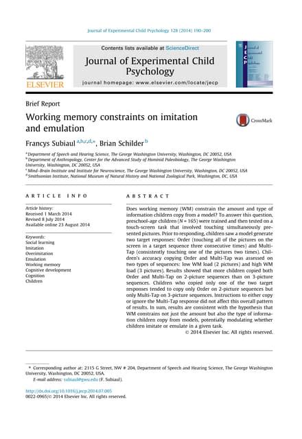 Working Memory Constraints On Imitation And Emulation Pdf