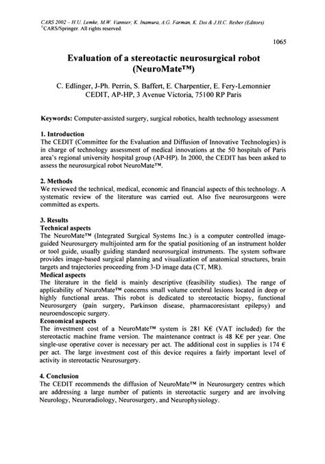Pdf Evaluation Of A Stereotactic Neurosurgical Robot Neuromate™