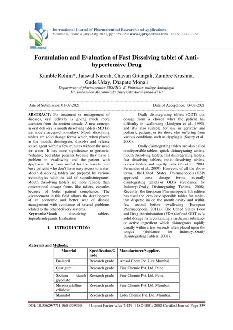 Pdf Formulation And Evaluation Of Fast Dissolving Tablet Of Anti Hypertensive Drug