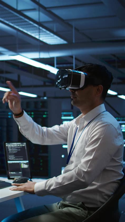 Vertical Data Center Admin Responsible For Installation Of Networking Systems Wearing High Tech