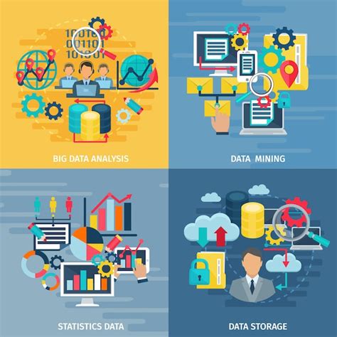 빅 데이터 마이닝 분석 및 저장 기술 4 평면 아이콘 사각형 구성 배너 무료 벡터