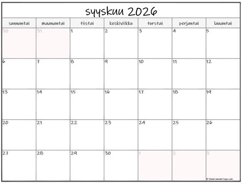 Syyskuu 2026 Tulostettava Kalenteri Suomeksi Kalenteri Syyskuu