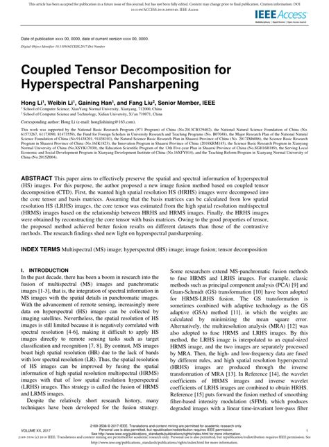 Pdf Coupled Tensor Decomposition For Hyperspectral Pansharpening