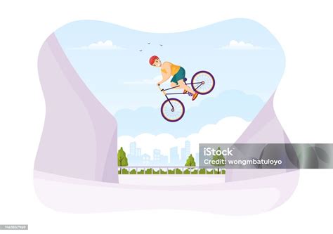 Bmx 자전거 스포츠 일러스트 레이 션 웹 배너 또는 평면 만화 손 그리기 배경 템플릿의 랜딩 페이지를 위해 자전거를 타는 젊은이들과 함께 Bmx 자전거타기에 대한 스톡
